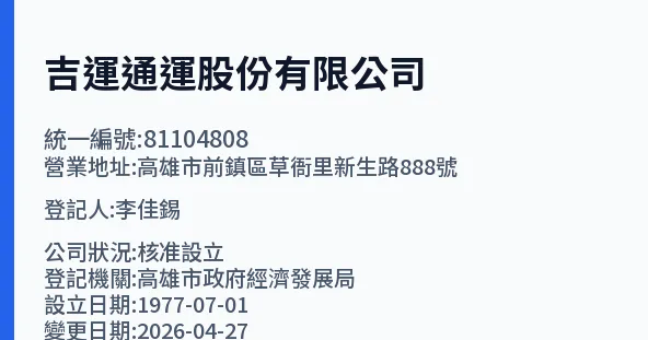 吉運通運股份有限公司的照片-統編 81104808(高雄市) 公司登記資料與營業項目詳細圖表