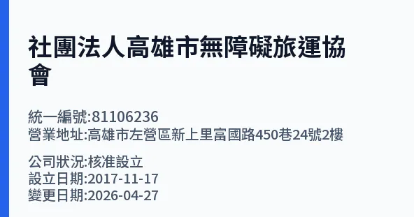 社團法人高雄市無障礙旅運協會的照片-統編 81106236(高雄市) 公司登記資料與營業項目詳細圖表