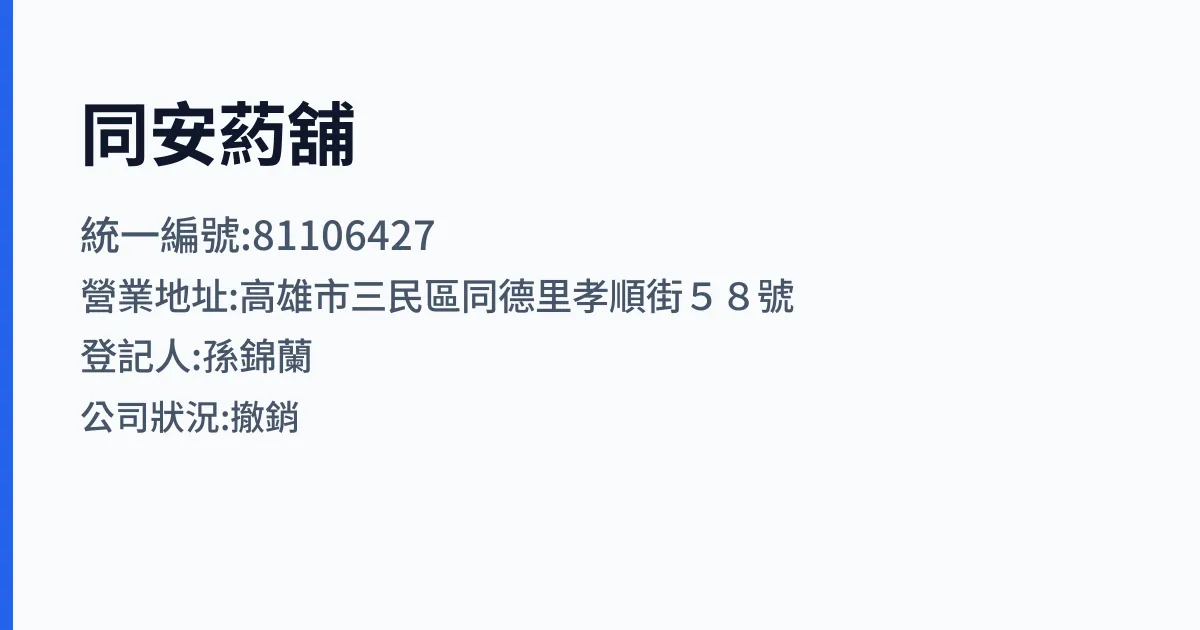 同安葯舖 - 統編 81106427(高雄市) 公司登記資料與營業項目詳細圖表