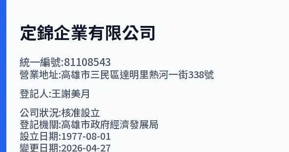 定錦企業有限公司的照片-統編 81108543(高雄市) 公司登記資料與營業項目詳細圖表