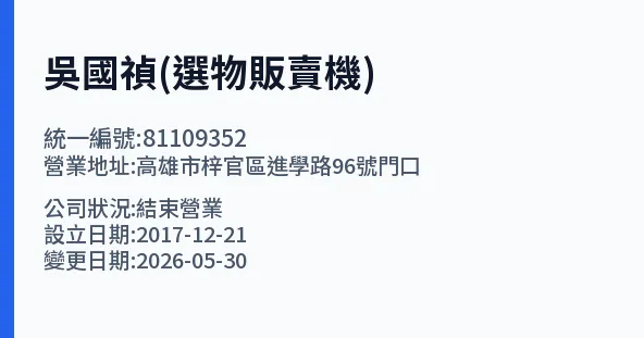 吳國禎(選物販賣機)的照片-統編 81109352(高雄市) 公司登記資料與營業項目詳細圖表