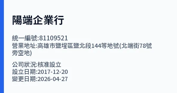 陽端企業行的照片-統編 81109521(高雄市) 公司登記資料與營業項目詳細圖表