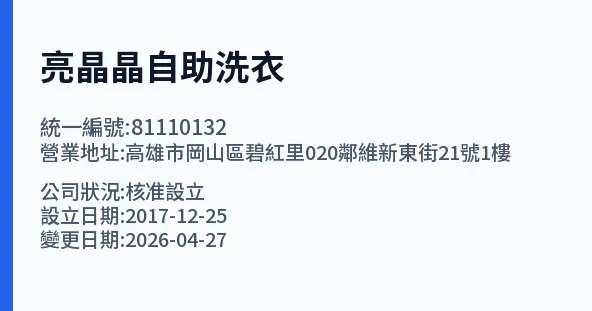 亮晶晶自助洗衣的照片-統編 81110132(高雄市) 公司登記資料與營業項目詳細圖表