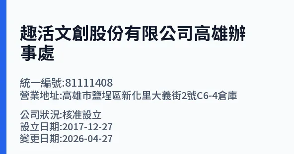 趣活文創股份有限公司高雄辦事處的照片-統編 81111408(高雄市) 公司登記資料與營業項目詳細圖表
