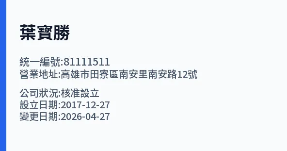 葉寳勝的照片-統編 81111511(高雄市) 公司登記資料與營業項目詳細圖表
