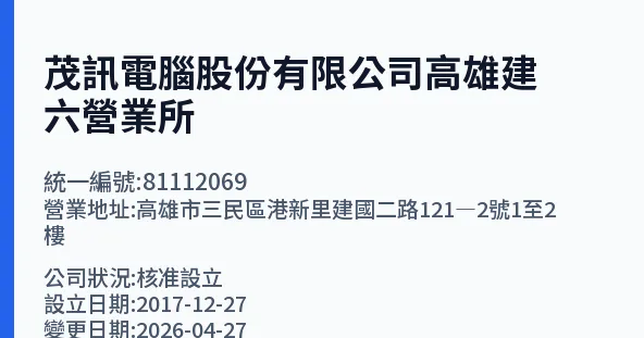 茂訊電腦股份有限公司高雄建六營業所的照片-統編 81112069(高雄市) 公司登記資料與營業項目詳細圖表