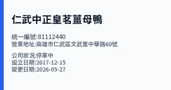 仁武中正皇茗薑母鴨的照片-統編 81112440(高雄市) 公司登記資料與營業項目詳細圖表