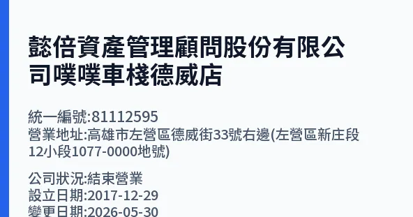 懿倍資產管理顧問股份有限公司噗噗車棧德威店的照片-統編 81112595(高雄市) 公司登記資料與營業項目詳細圖表