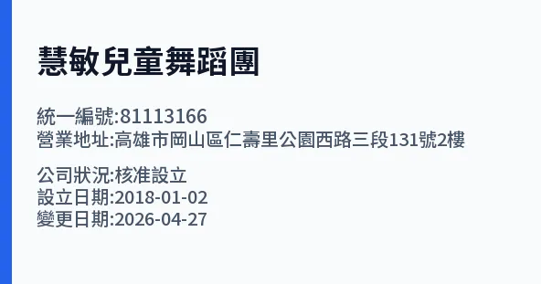 慧敏兒童舞蹈團的照片-統編 81113166(高雄市) 公司登記資料與營業項目詳細圖表
