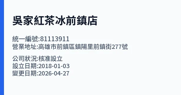 吳家紅茶冰前鎮店的照片-統編 81113911(高雄市) 公司登記資料與營業項目詳細圖表