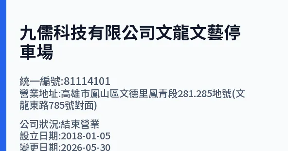 九儒科技有限公司文龍文藝停車場的照片-統編 81114101(高雄市) 公司登記資料與營業項目詳細圖表