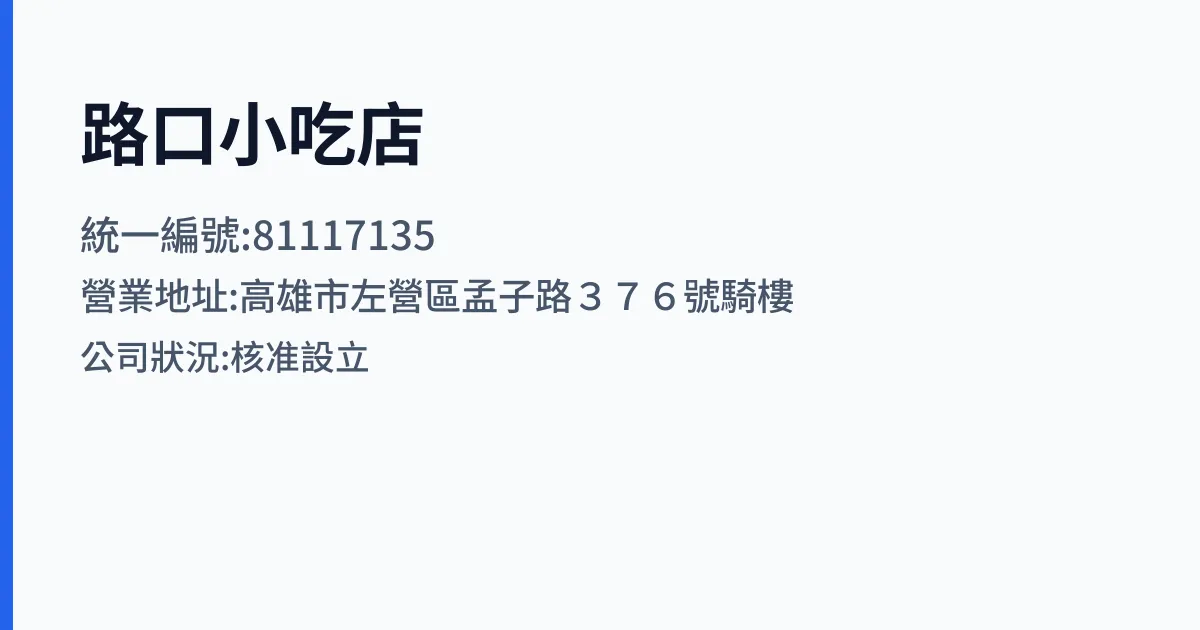 路口小吃店 - 統編 81117135(高雄市) 公司登記資料與營業項目詳細圖表