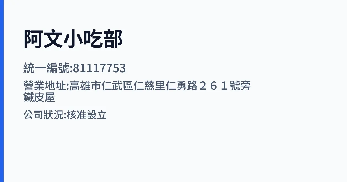 阿文小吃部 - 統編 81117753(高雄市) 公司登記資料與營業項目詳細圖表