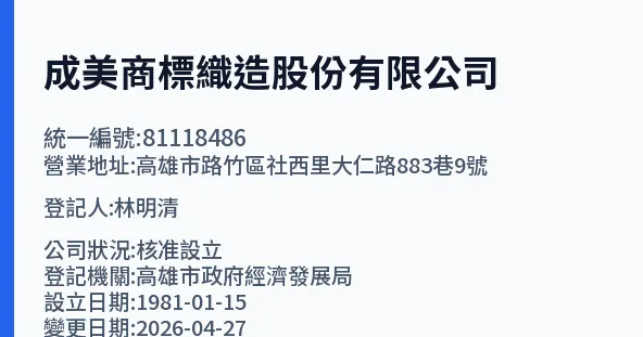 成美商標織造股份有限公司的照片-統編 81118486(高雄市) 公司登記資料與營業項目詳細圖表
