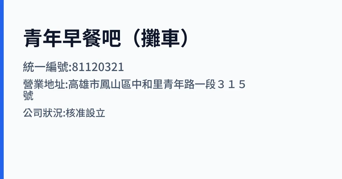 青年早餐吧（攤車） - 統編 81120321(高雄市) 公司登記資料與營業項目詳細圖表