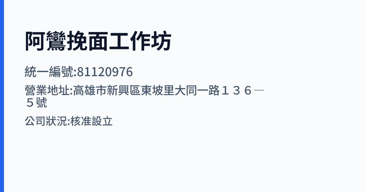 阿鸞挽面工作坊 - 統編 81120976(高雄市) 公司登記資料與營業項目詳細圖表
