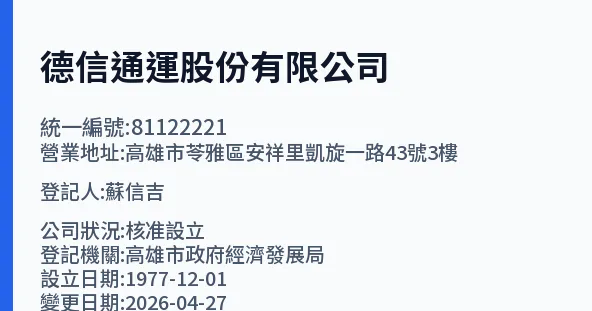德信通運股份有限公司的照片-統編 81122221(高雄市) 公司登記資料與營業項目詳細圖表