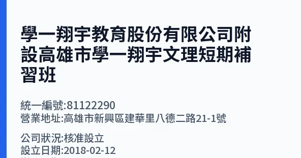 學一翔宇教育股份有限公司附設高雄市學一翔宇文理短期補習班的照片-統編 81122290(高雄市) 公司登記資料與營業項目詳細圖表