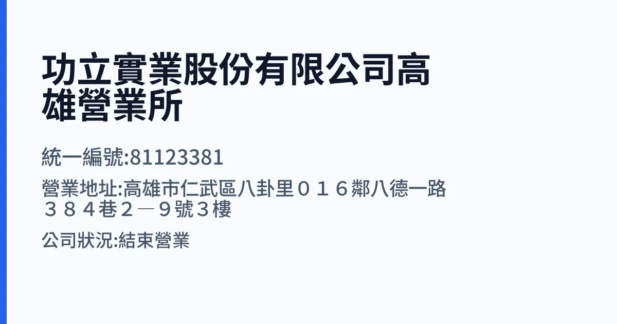 功立實業股份有限公司高雄營業所 - 統編 81123381(高雄市) 公司登記資料與營業項目詳細圖表