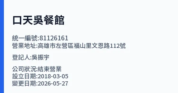 口天吳餐館的照片-統編 81126161(高雄市) 公司登記資料與營業項目詳細圖表