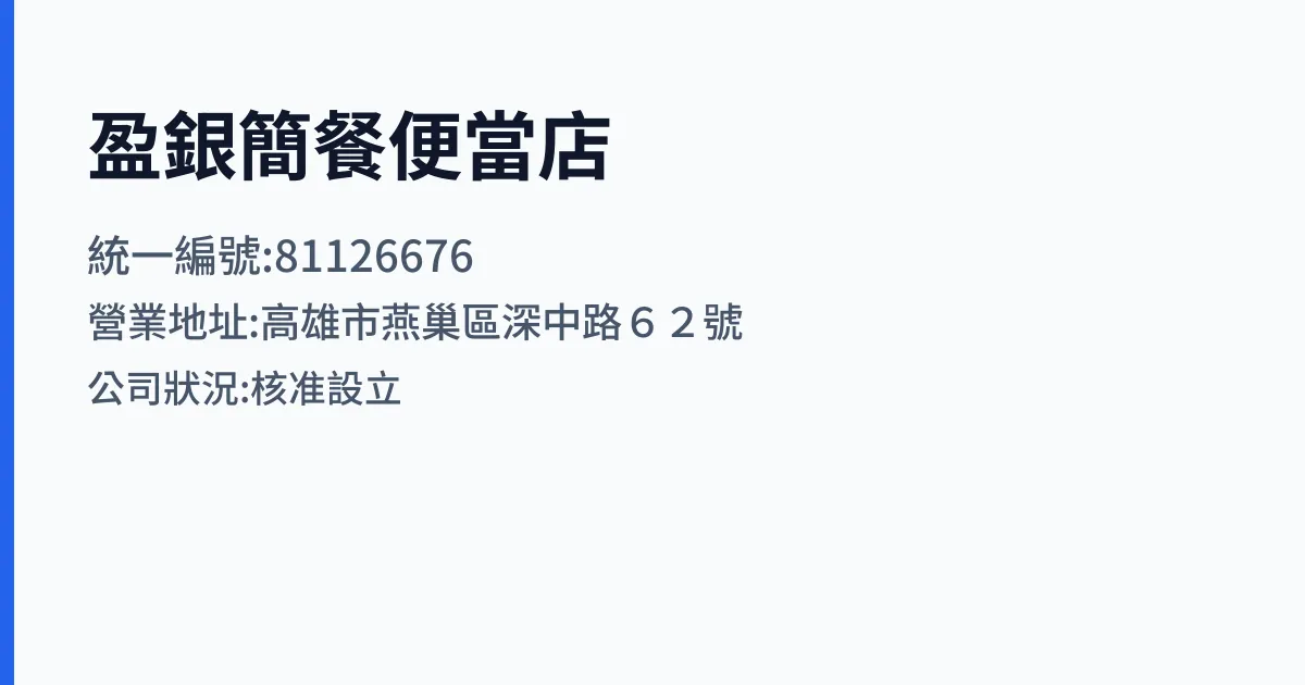 盈銀簡餐便當店 - 統編 81126676(高雄市) 公司登記資料與營業項目詳細圖表