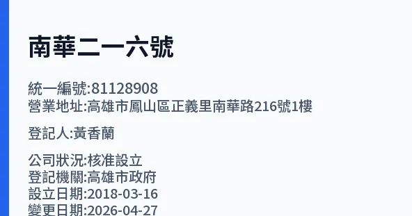 南華二一六號的照片-統編 81128908(高雄市) 公司登記資料與營業項目詳細圖表