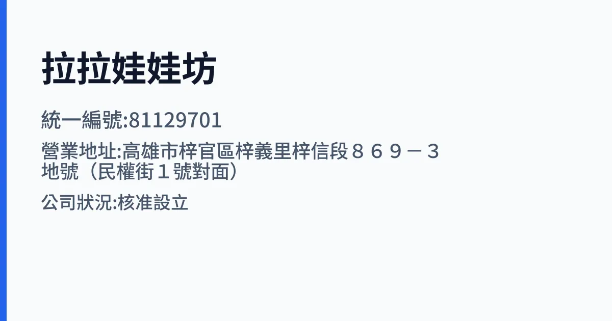 拉拉娃娃坊 - 統編 81129701(高雄市) 公司登記資料與營業項目詳細圖表