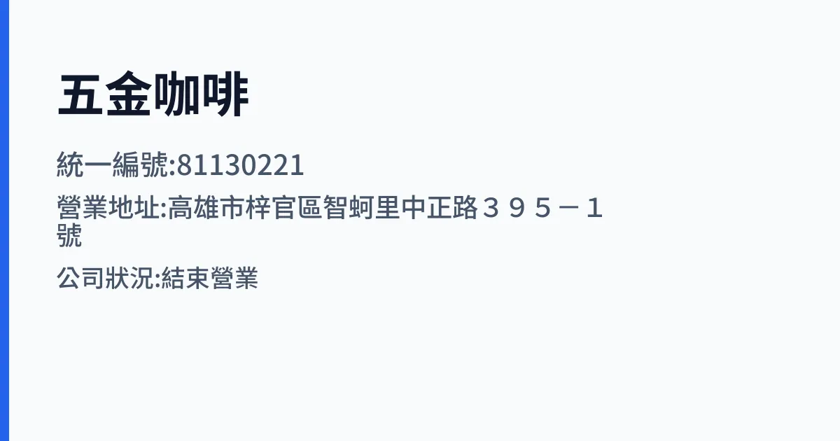 五金咖啡 - 統編 81130221(高雄市) 公司登記資料與營業項目詳細圖表