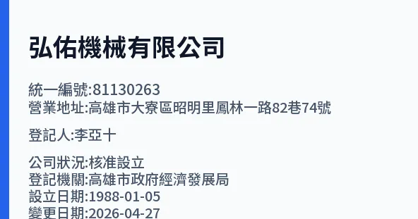 弘佑機械有限公司的照片-統編 81130263(高雄市) 公司登記資料與營業項目詳細圖表