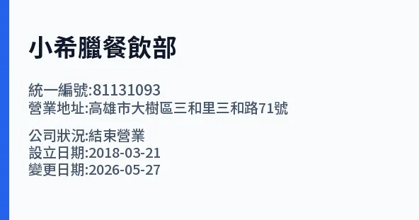 小希臘餐飲部的照片-統編 81131093(高雄市) 公司登記資料與營業項目詳細圖表
