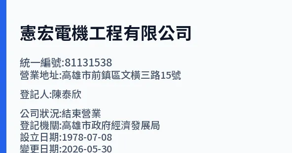 憲宏電機工程有限公司的照片-統編 81131538(高雄市) 公司登記資料與營業項目詳細圖表