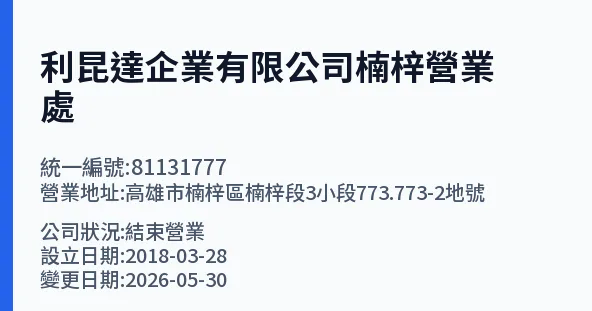 利昆達企業有限公司楠梓營業處的照片-統編 81131777(高雄市) 公司登記資料與營業項目詳細圖表