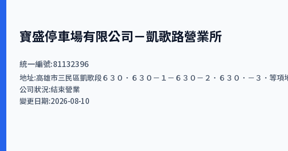 寶盛停車場有限公司-凱歌路營業所的照片-統編 81132396(高雄市) 公司登記資料與營業項目詳細圖表