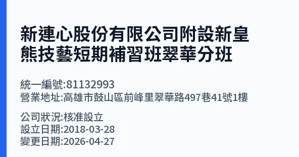 新連心股份有限公司附設新皇熊技藝短期補習班翠華分班的照片-統編 81132993(高雄市) 公司登記資料與營業項目詳細圖表