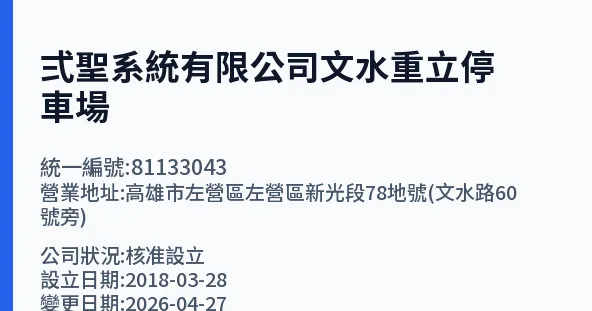 弍聖系統有限公司文水重立停車場的照片-統編 81133043(高雄市) 公司登記資料與營業項目詳細圖表