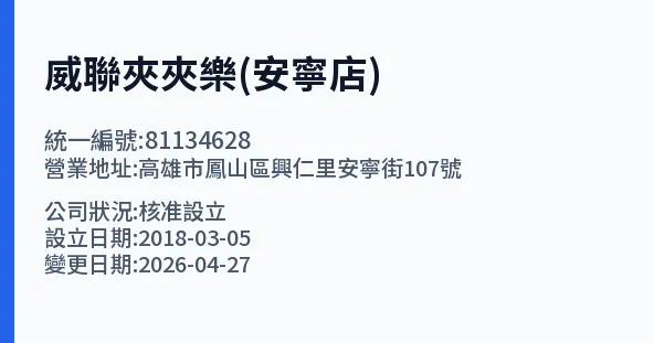 威聯夾夾樂(安寧店)的照片-統編 81134628(高雄市) 公司登記資料與營業項目詳細圖表