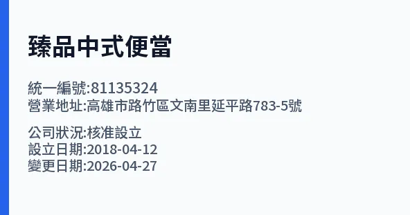 臻品中式便當的照片-統編 81135324(高雄市) 公司登記資料與營業項目詳細圖表