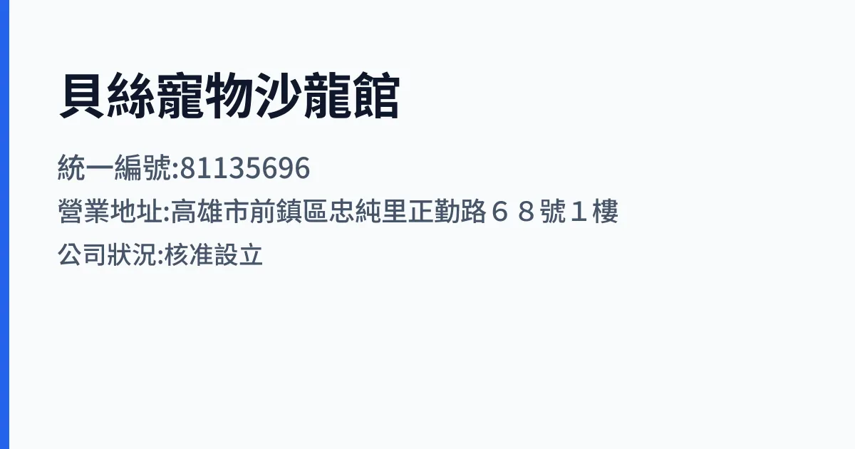 貝絲寵物沙龍館 - 統編 81135696(高雄市) 公司登記資料與營業項目詳細圖表