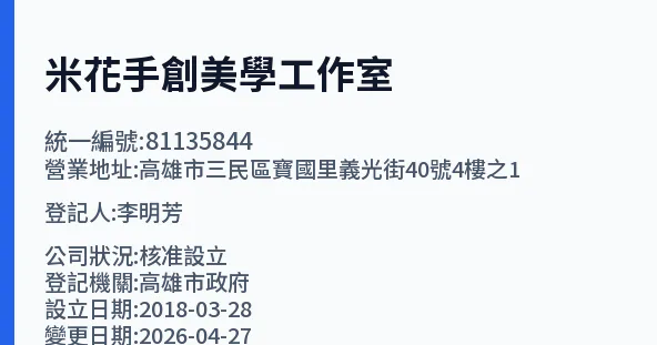 米花手創美學工作室的照片-統編 81135844(高雄市) 公司登記資料與營業項目詳細圖表
