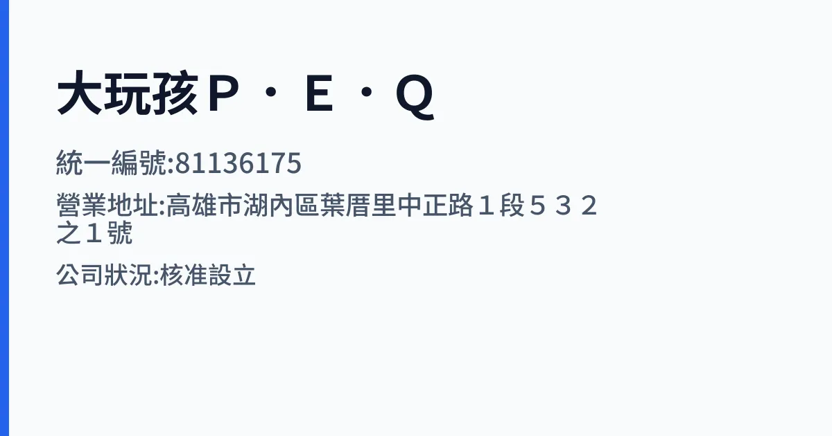 大玩孩P.E.Q - 統編 81136175(高雄市) 公司登記資料與營業項目詳細圖表
