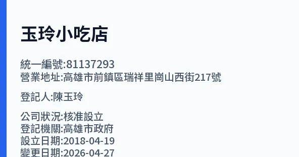 玉玲小吃店的照片-統編 81137293(高雄市) 公司登記資料與營業項目詳細圖表