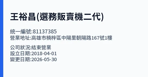 王裕昌(選務販賣機二代)的照片-統編 81137385(高雄市) 公司登記資料與營業項目詳細圖表
