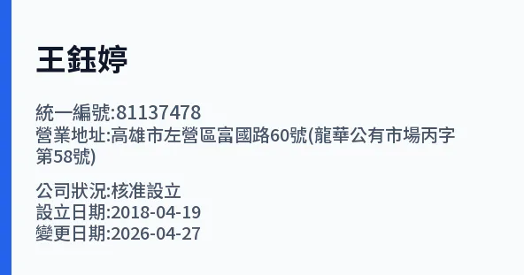 王鈺婷的照片-統編 81137478(高雄市) 公司登記資料與營業項目詳細圖表