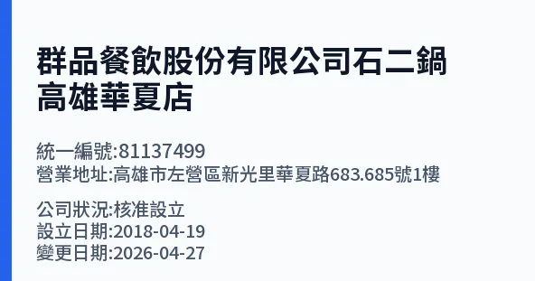 群品餐飲股份有限公司石二鍋高雄華夏店的照片-統編 81137499(高雄市) 公司登記資料與營業項目詳細圖表