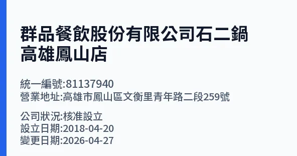 群品餐飲股份有限公司石二鍋高雄鳳山店的照片-統編 81137940(高雄市) 公司登記資料與營業項目詳細圖表