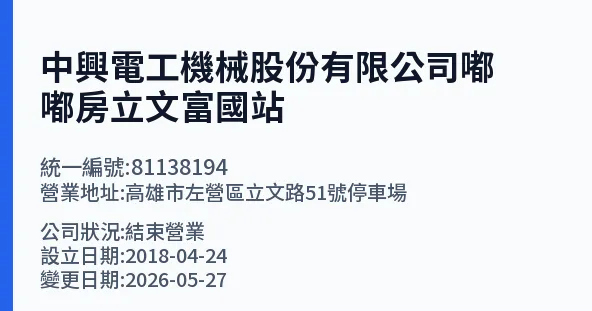 中興電工機械股份有限公司嘟嘟房立文富國站的照片-統編 81138194(高雄市) 公司登記資料與營業項目詳細圖表