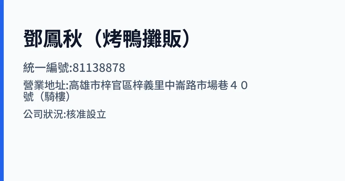 鄧鳳秋（烤鴨攤販） - 統編 81138878(高雄市) 公司登記資料與營業項目詳細圖表