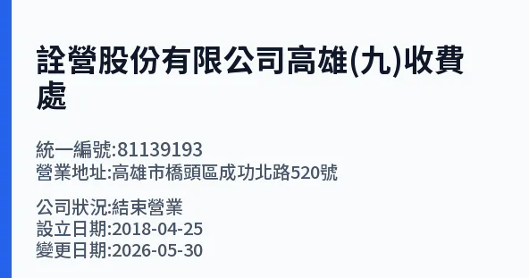 詮營股份有限公司高雄(九)收費處的照片-統編 81139193(高雄市) 公司登記資料與營業項目詳細圖表