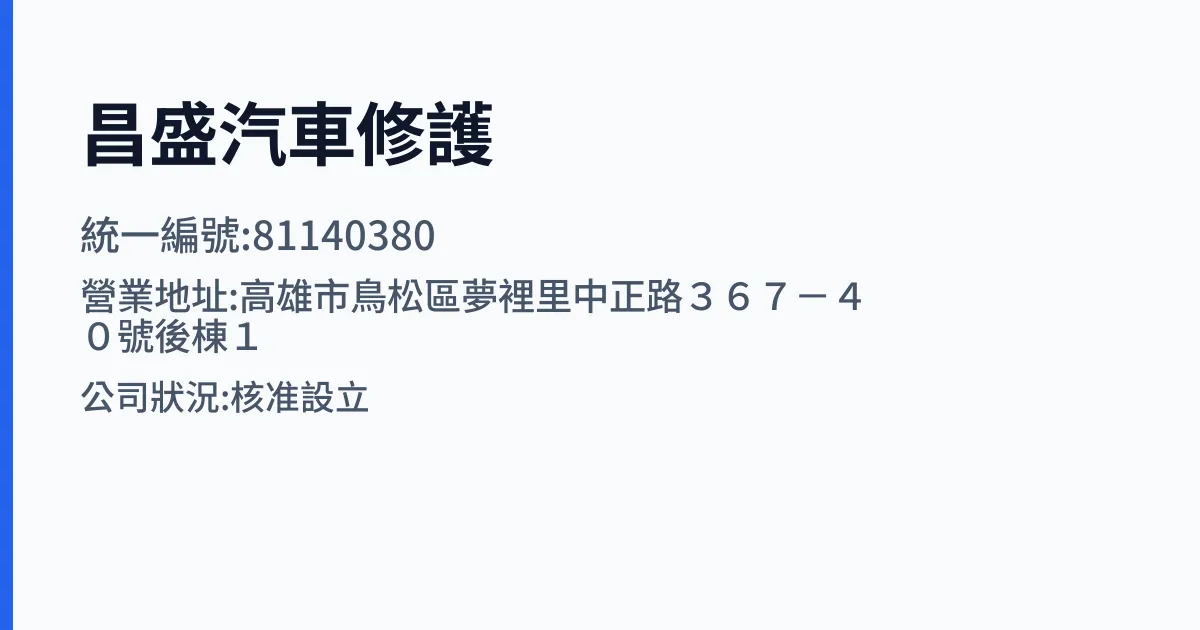 昌盛汽車修護 - 統編 81140380(高雄市) 公司登記資料與營業項目詳細圖表