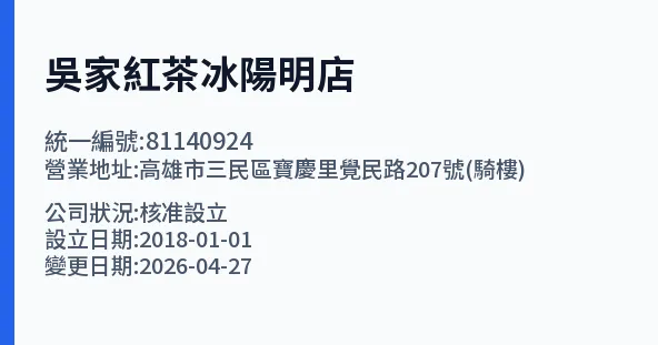 吳家紅茶冰陽明店的照片-統編 81140924(高雄市) 公司登記資料與營業項目詳細圖表
